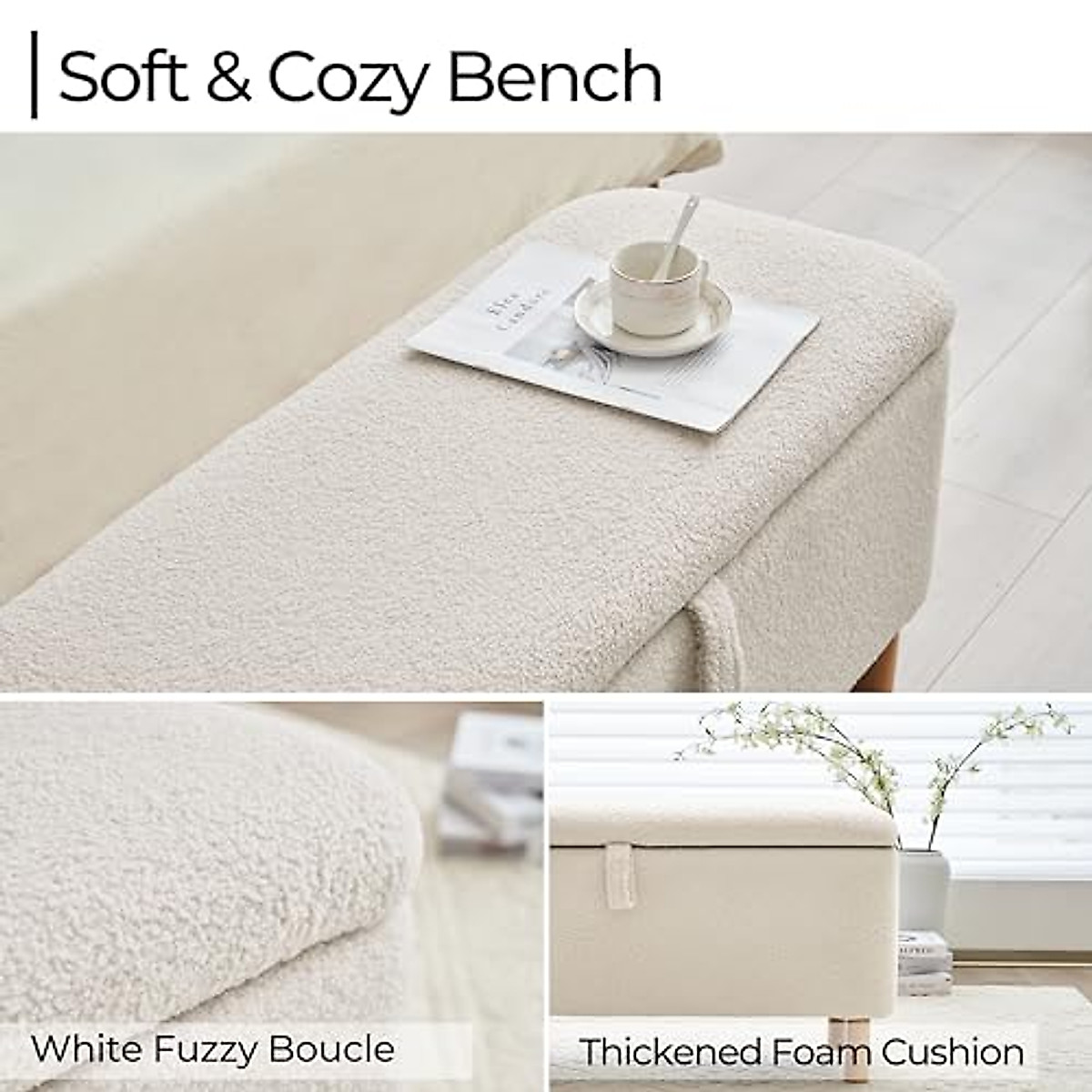 Boucle Storage Ottoman Bench for Bedroom end of Bed, Sherpa Upholstered Shoe Seat Storage Beach for Entryway Bed Foot, Rectangle Cushion Padded Blanket Chest Cute for Living Room, White