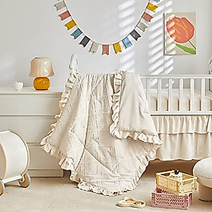 Tufted Ruffle Crib Bedding Set 3 Pieces Baby Boho Quilted Comforter with Fitted Sheet and Bed Skirt - Cute Ruffled Shabby Chic Baby Bedding Soft Blanket Design Cream White