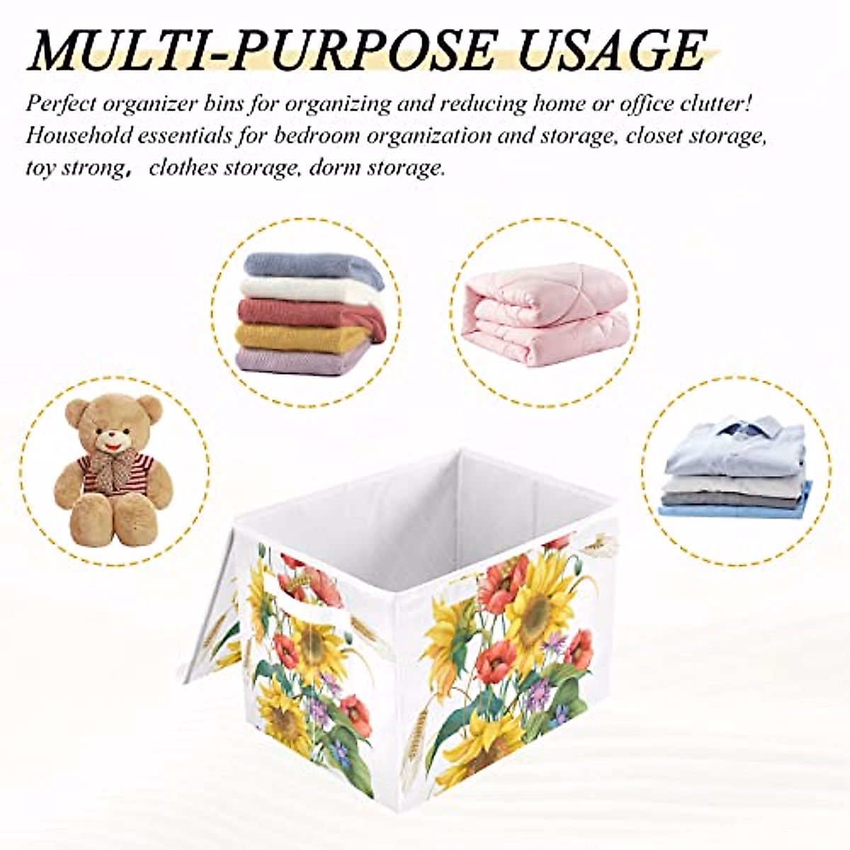 innewgogo Sunflower Storage Bins with Lids for Organizing Foldable Storage Box With Lid with Handles Oxford Cloth Storage Cube Box for Dog Toys
