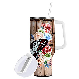 Rustic Butterfly Floral 40 Oz Tumbler with Handle and Straw, Stainless Steel Coffee Mug, Insulated Coffee Cups with Lids