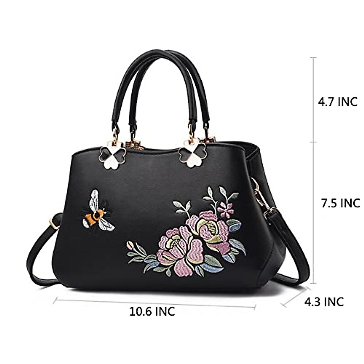 Women's PU Elegant Shoulder Bags Wild Handbags Satchel Embroidery Bee Flower Crossbody Purse (Pink)