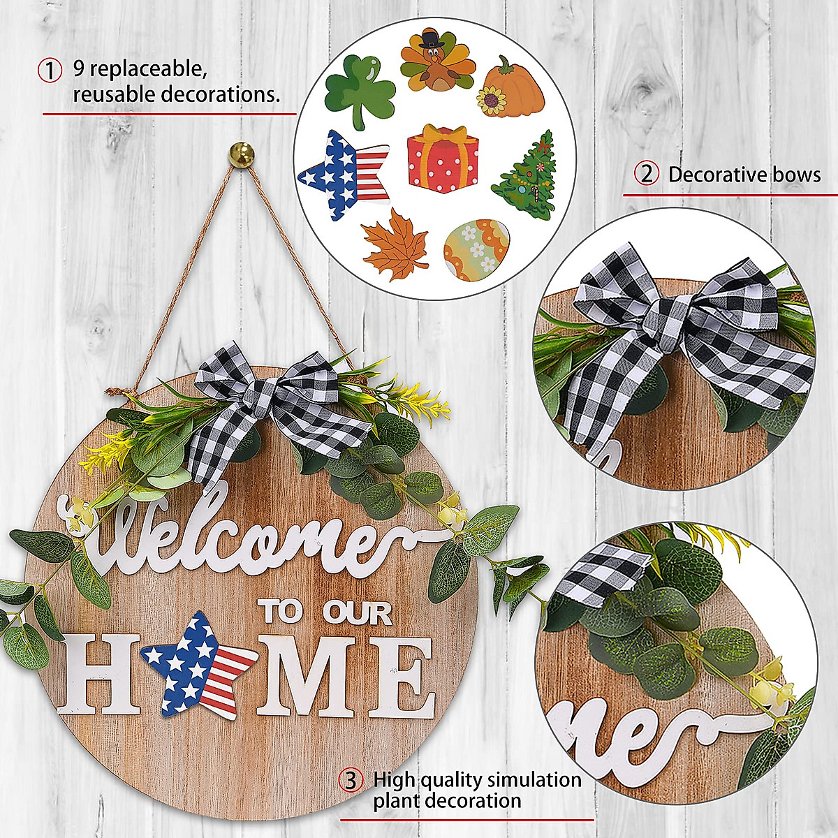 MerryNine 30cm/11.8" Round Welcome Door Sign, Interchangeable Seasonal Icon Wooden Wall Decoration, Various Holiday Christmas New Year Decoration for Garden/Porch/Farmhouse/Store