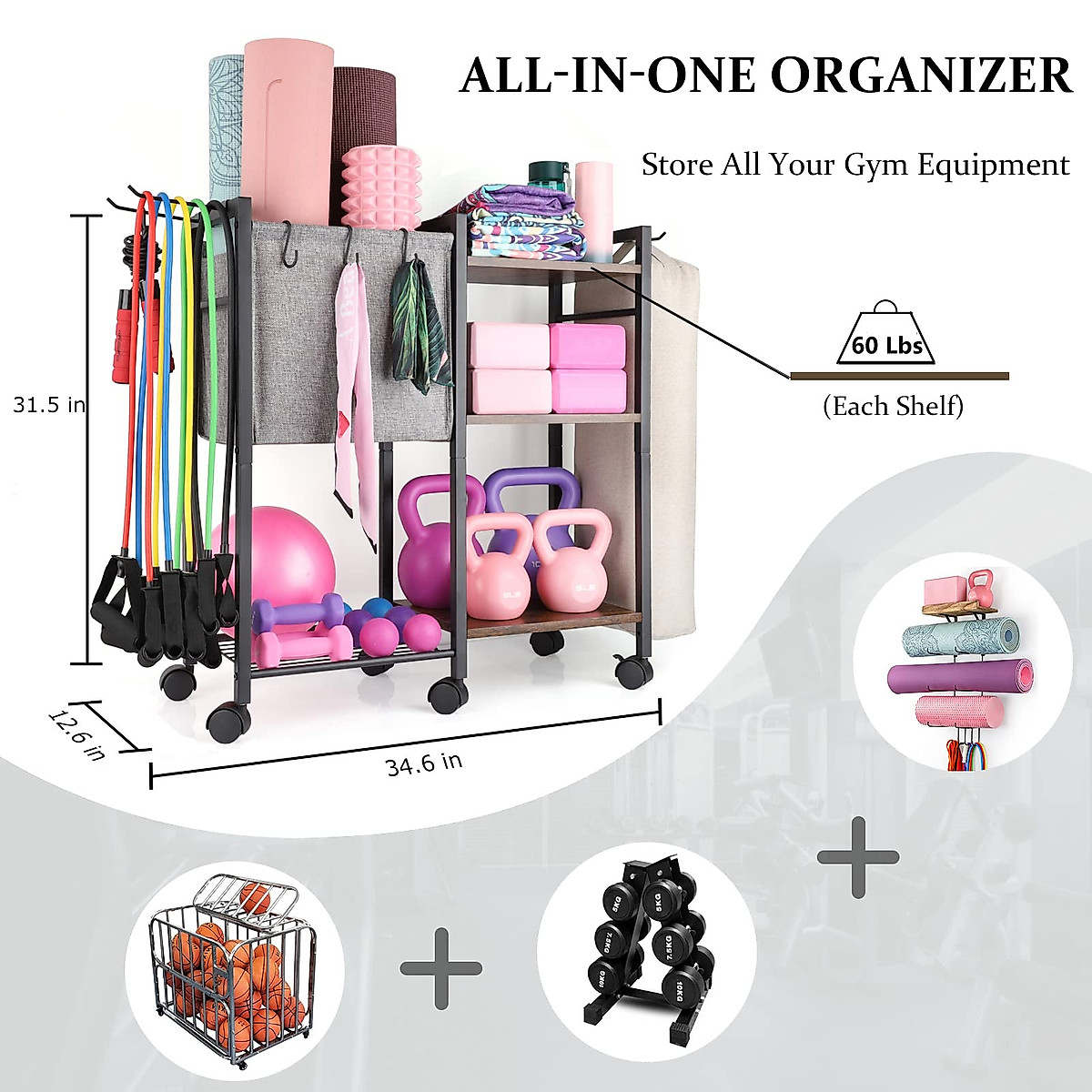 Yoga Mat Storage Rack Home Gym Equipment Storage Organizer Yoga Mat Holder for Yoga Mat Foam Roller Dumbbells Kettlebells Resistance Bands and More Gym Accessories Women Men Workout Equipment