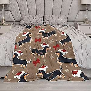 MEIKKO Cute Dachshund Puppy Blanket Fleece Cozy Warm Christmas Snowflake Bow Lightweight Throw Blanket for Couch Sofa Bed for Adults Kids Boys Teens Gift 50"x60"