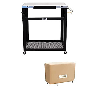 NUUK Double-Shelf Rolling Outdoor Dining Cart Table, 20" x 30" Stainless Steel Commercial Multifunctional Kitchen Food Prep Worktable on Wheels w/Adjustable Storage Tray & Waterproof Protective Cover