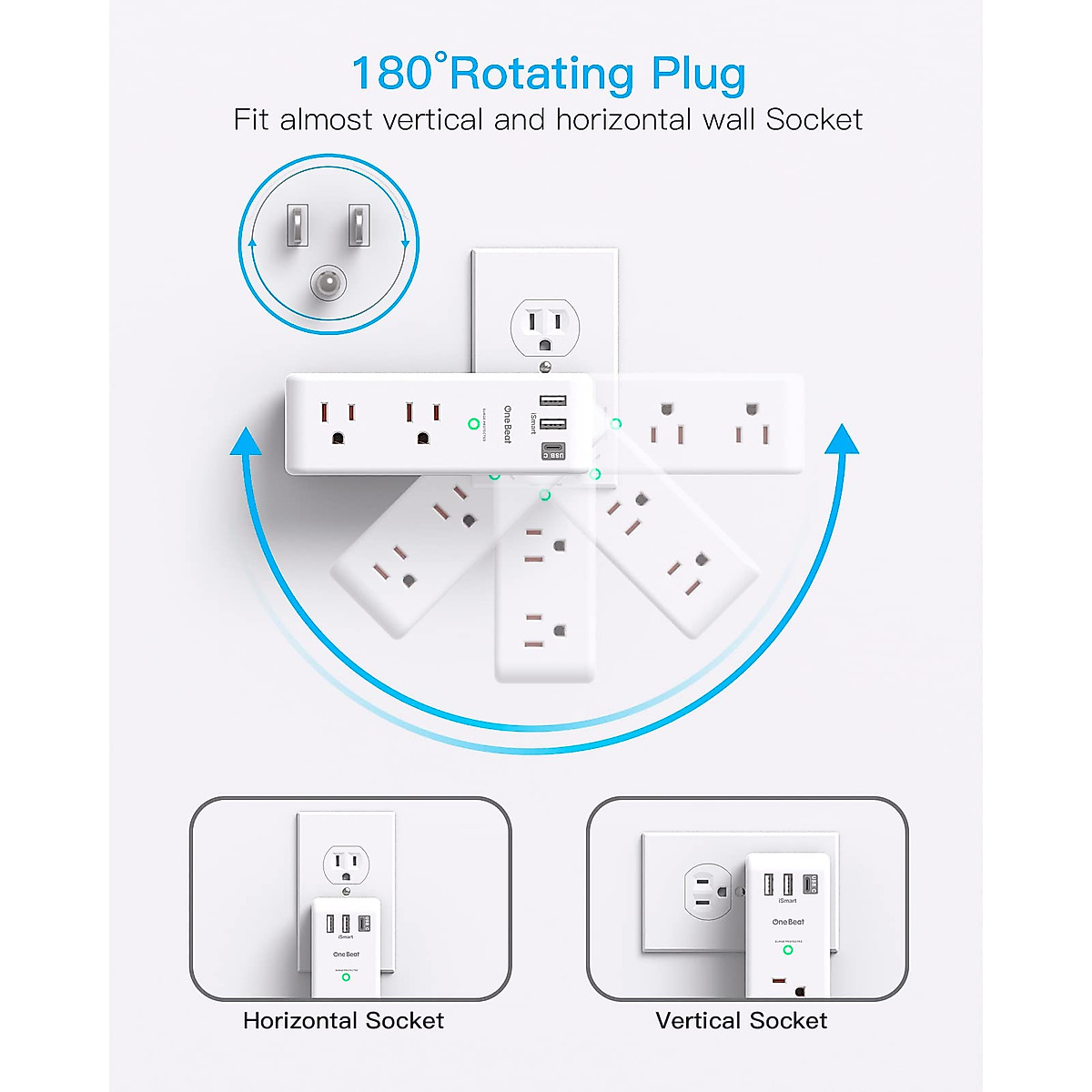 Surge Protector Outlet Extender - with Rotating Plug, 6 AC Multi Plug Outlet with 3 USB Ports (1 USB C), 1800 Joules, 3-Sided Swivel Power Strip with Spaced Outlet Splitter for Home, Office, Travel