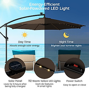 Tangkula 10FT Solar Offset Umbrella, Tilted Cantilever Hanging Umbrella with 112 LED Meteor Shower Lights, Crank Handle, Outdoor Market Umbrella for Poolside, Backyard & Deck (Tan)