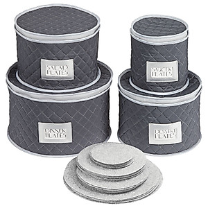 mDesign Quilted Dinnerware Storage 5 Piece Set for Protecting and Transporting Fine China, Dishes, Plates, Cups - Holds Service for 12 - Felt Protectors Included with Each Round Bin - Navy Blue/Gray
