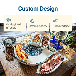 KAMSAH Plate Set & Serving Platter, Custom Hand-Painted Ceramic Appetizer Hamsa Tray Serving Dishes for Celebrations, Parties and Events (Hand - Large, Turquoise)