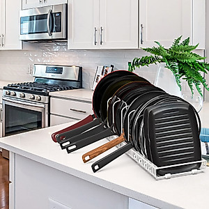 Puricon Expandable Pot and Pan Organizer for Cabinet with 10 Dividers, Adjustable Pots and Pans Organizer Rack Pan Lid Cookware Bakeware Baking Storage Holder for Kitchen Countertop Pantry -White