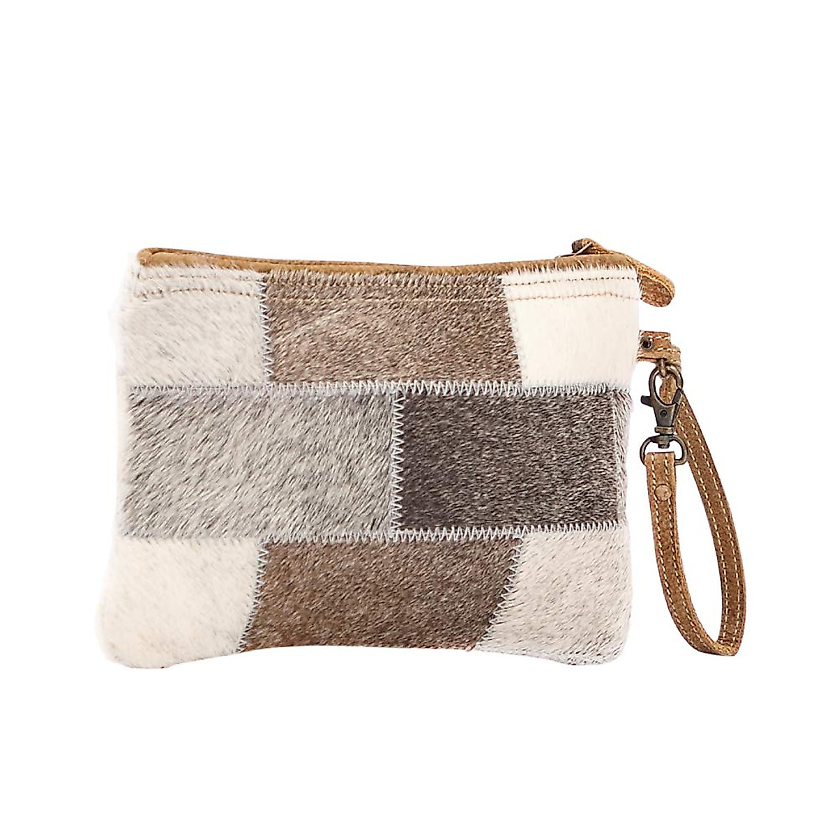 Myra Bag Silver Brick Upcycled Leather & Cowhide Wristlet Pouch Bag S-1502