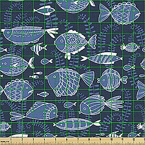 Ambesonne Ocean Fabric by The Yard, Sealife Marine Navy Image Tropic Fish Moss Leaves Art Print, Decorative Fabric for Upholstery and Home Accents, 1 Yard, Blue Indigo