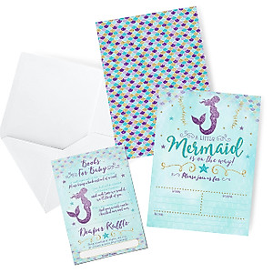 Your Main Event Prints Mermaid Baby Shower Invitation, Blue and Gold Mermaid Baby Shower, Baby Sprinkle Invite, 20 Fill in Invitations and Envelopes