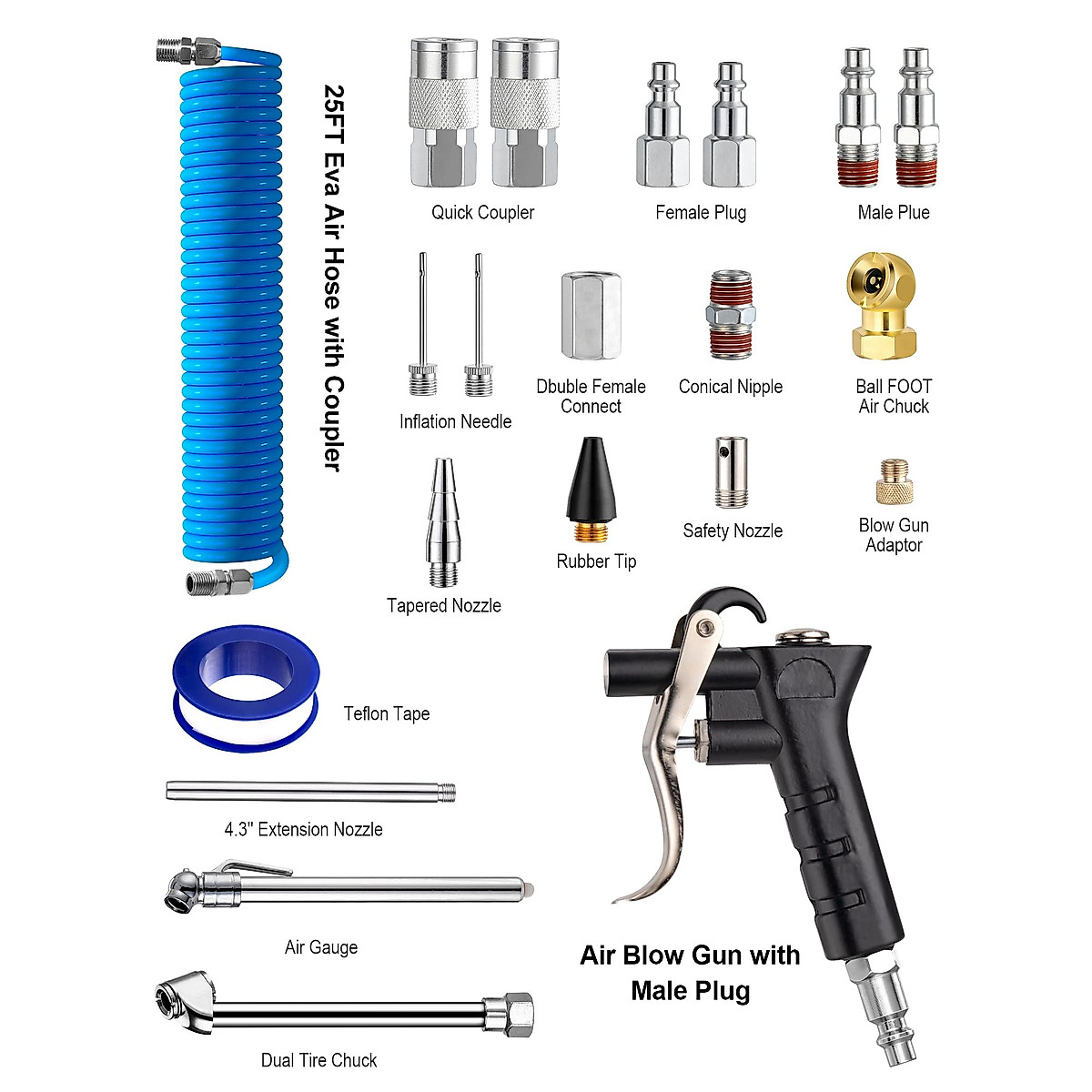 SARDVISA 22-Packs Air Compressor Accessories Kit, 25FT Upgrade Repairable Air Hose with 1/4'' NPT Air Tool Kit, Air Blow Gun/Air Chuck/Tire Gauge, Pneumatic Tool Set