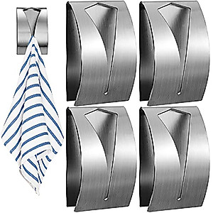 4 Pcs Kitchen Towel Holder Grabber Self Adhesive, Stainless Steel Kitchen Dish Towel Hook ,Wall Mount Non-Drilling Hand Towel Hanger Towel Holders for Bathroom Kitchen Cabinet