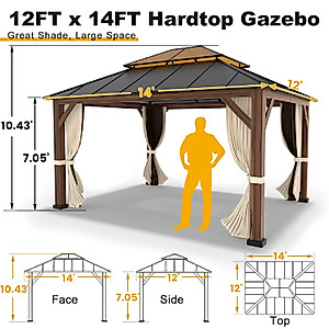OLILAWN Gazebo 12x14, Hardtop Gazebo with Wood Finish Aluminum Frame, Galvanized Steel Double Top Gazebo with Ventilation, All-Weather Metal Gazebo with Netting and Curtains, for Patios Gardens Lawns