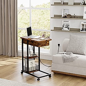 C Shaped Side Table, Mobile Couch Snack Side Table with USB Ports and Charging Station, Narrow End Table with 3 Tier Storage Shelf with Wheels for Small Spaces, Living Room, Bedroom