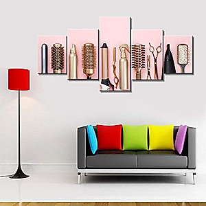 Beauty Salon Pictures for living Room Professional Haircut Tools Paintings 5 Panel Prints Canvas Wall Art Home Modern Decor Hair Accessories Artwork Giclee Framed Stretched Ready to Hang(50''Wx 24''H)