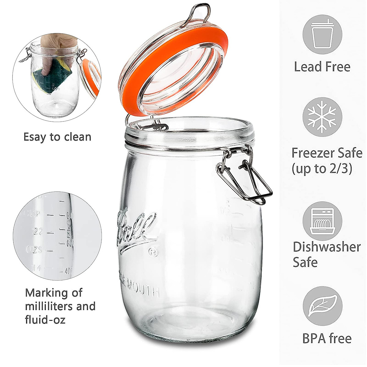 Anwoi Wide Mouth Glass Jars with Airtight Lid 32OZ 4 Pack, Kitchen Storage Large Clear Canister Jars with Hinged Lid with Measurement Marks For Canning,Coffee,Flour,Sugar,Beans