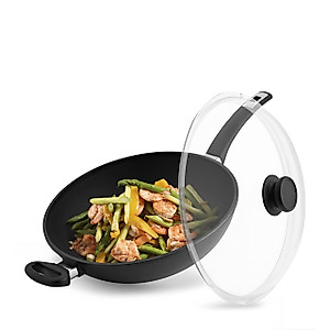 AROMA The Ultimate Wok (Made in Germany) Hand Cast Aluminum Wok with Glass Lid, Nonstick Cookware Pan with Diamond Reinforced Coating, 5-Quart, Black