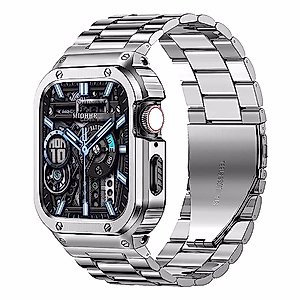 MioHHR Stainless Steel Band and Case Compatible with Apple Watch Band 44mm, Men Rugged Metal Strap and Protective Bumper Cover for iWatch Series SE 6 5 4 (Sliver,44mm)