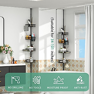 ksdenuov Corner Shower Caddy Tension, Adjustable 34-101 Inches Shower Caddy Tension Pole, 4-Tier Rust-Resistant Freestanding Shower Caddy With Rod, Suitable for Bathtub and Shower Organizer - Black