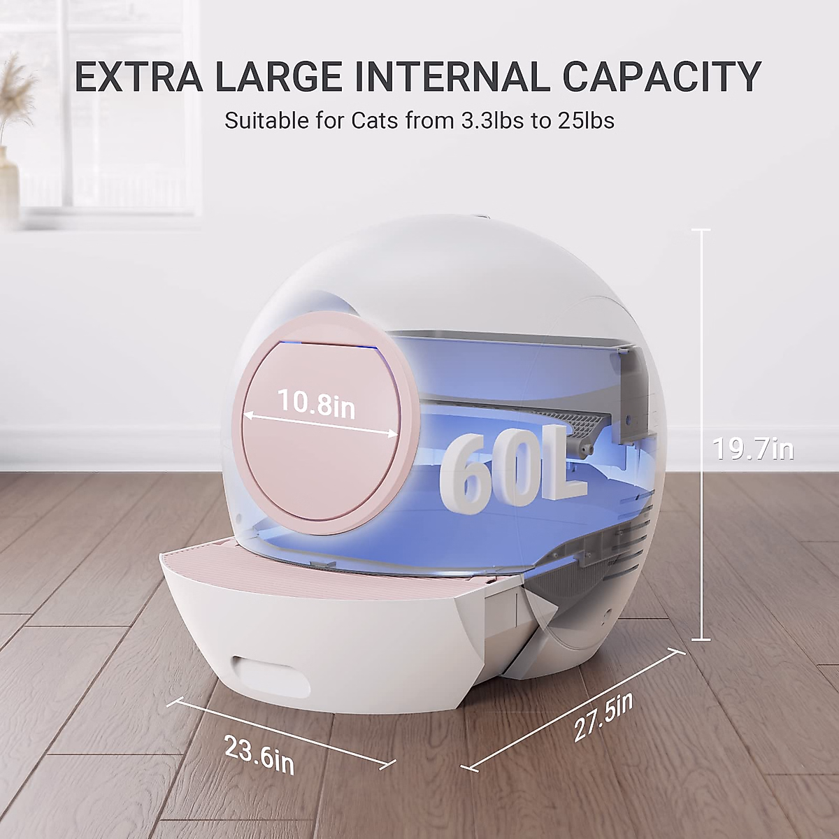 ELS PET Self Cleaning Cat Litter Box, No Scooping Automatic Litter Box, Smart Monitor/Safety Protection/Odorless, Extra Large for Multiple Cats, Without APP Control