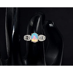 9X7 MM Oval Natural Ethiopian Opal Cabochon Gemstone 925 Sterling Silver October Birthstone Solitaire Unisex Proposal Ring Valentine's Day For Girlfriend Gift (Rhodium Plated Silver, 9.5)