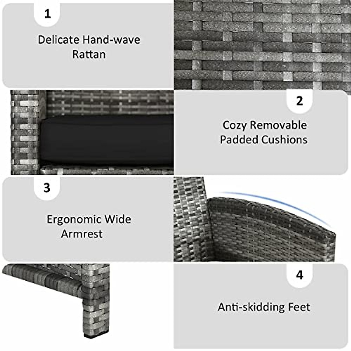 WYKDD 4PCS Patio Rattan Furniture Set Conversation Glass Table Top Sofa Cushioned Loveseat Single Chairs