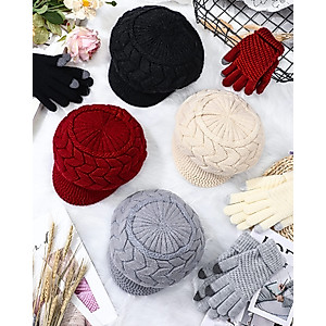 Newcotte 8 Pcs Women Hats Gloves Winter Set, Warm Girls Cap Beanie Hat Knit with Visor Snow Ski Caps and Touch Screen Gloves