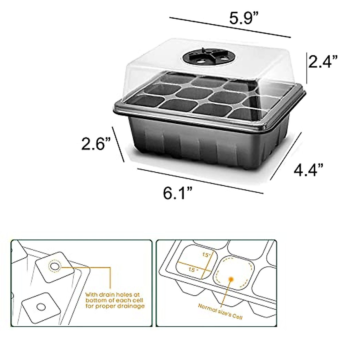 QHC KOCK Seed Starter Tray Seedling Tray (12 Cells Per Tray) Humidity Adjustable Plant Seed Starting Kit with Dome and Base Greenhouse Grow Trays for Plant Growing Starting 5 Packs Black