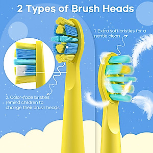 SEAGO Kids Electric Toothbrush, Sonic Soft Bristle Rechargeable Toothbrushes with DIY Stickers, 5 Modes, Includes 4 Replacement Brush Heads, Ages 3 to 12 Years Old (Yellow)