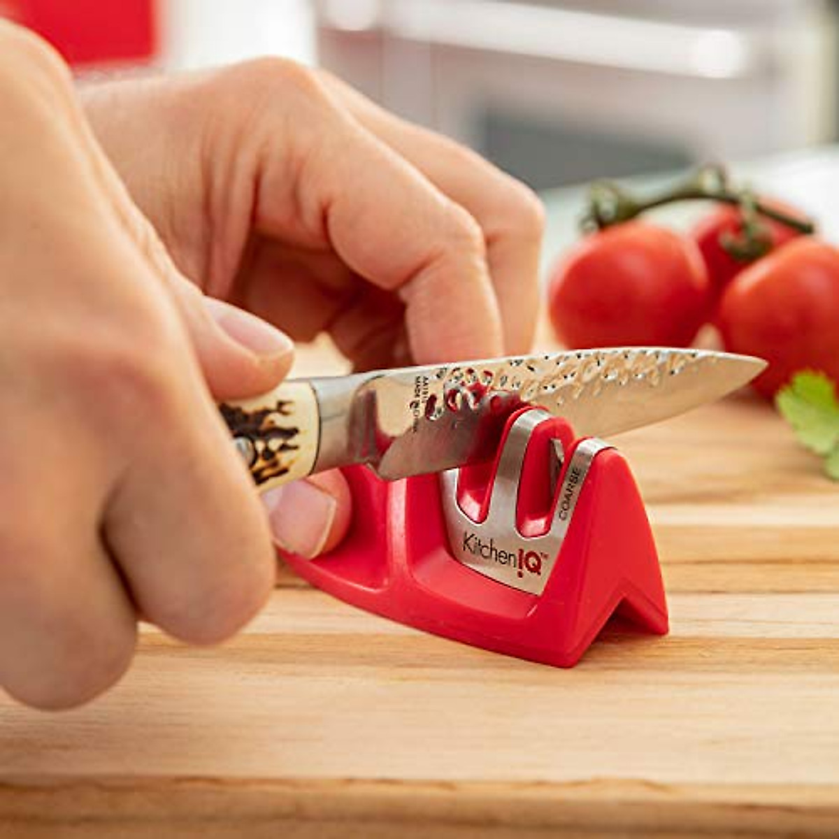 KitchenIQ 50883 Edge Grip 2-Stage Knife Sharpener, Red, Coarse & Fine Sharpeners, Compact for Easy Storage, Stable Non-Slip Base, Soft Grip Rubber Handle, Straight & Serrated Knives