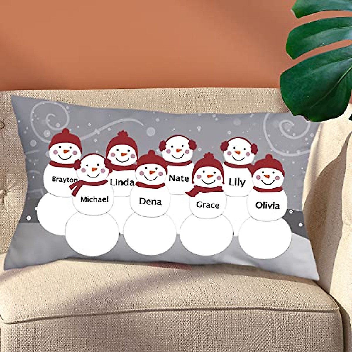 Rualight Snowman Family Personalized Lumbar Throw Pillow, Family Custom Name Pillow Set, Pillowcase and Pillow Core, Christmas Home Decor, Gifts for Christmas, 20x12in