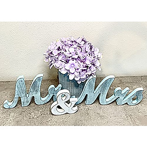Mr & Mrs Wood Sign Wedding Decorations for Bride & Groom Reception Head Table. Wooden Letters for Married Couple's Centerpiece, Engagement & Bridal Shower Party Or Wedding Cake Table. (Rustic Blue)