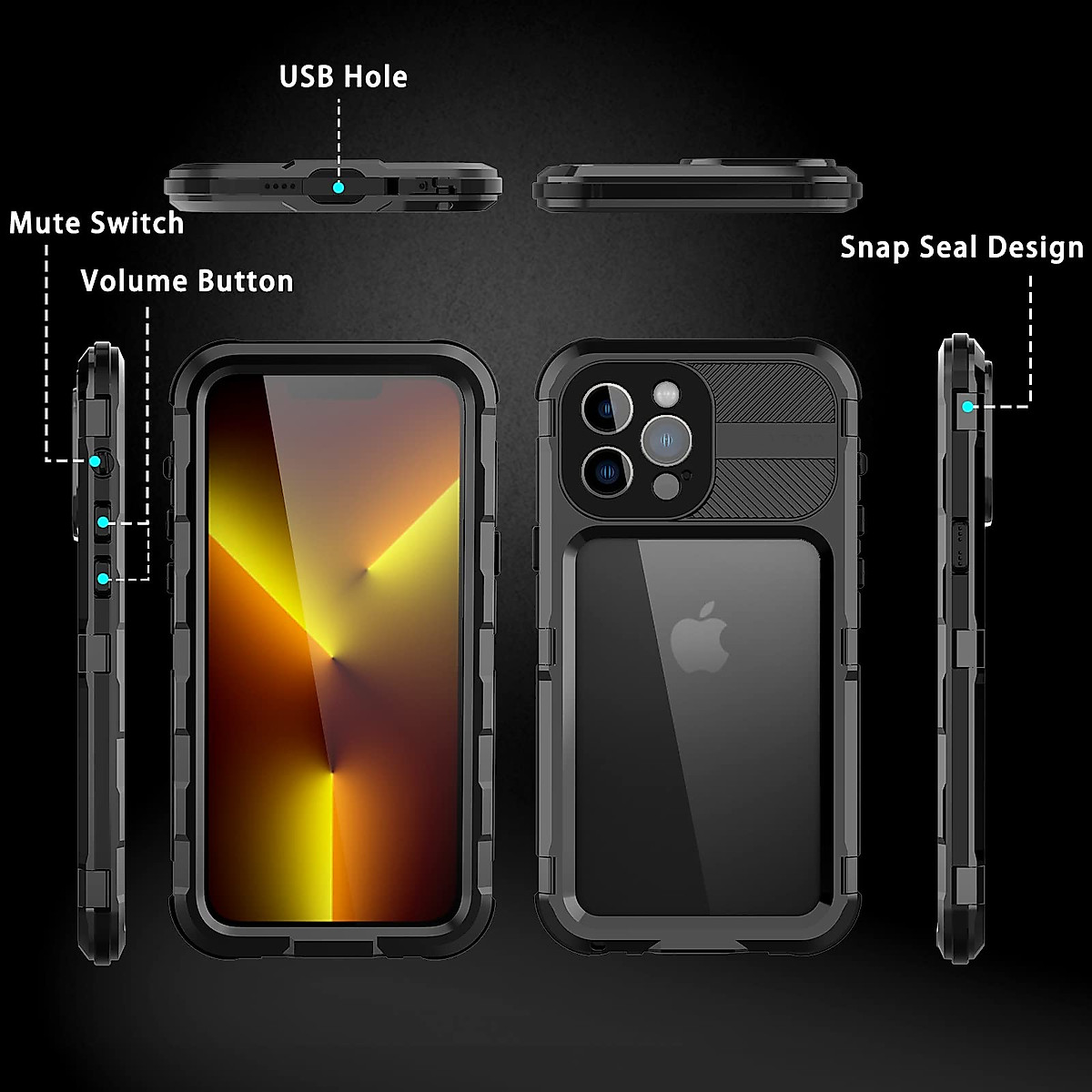 Saupsitnz iPhone 13 Pro Max Metal Waterproof Case with Built-in Screen Protector, Aluminum Metal Tough Cover Drop Tested Shockproof Dustproof Sturdy Durable Protective Case for iPhone 13 Pro Max,Black