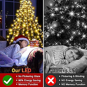 XURISEN Outdoor Christmas Decorations Star Light,11.8 ft 337 LED Waterfall Tree Lights with Topper Star String Lights Plug in, 8 Modes Christmas Lights for Party Home Holiday Decor(Warm White)