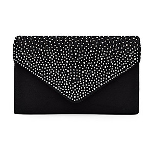 Premium Rainbow Rhinestones Pleated Front Satin Envelope Clutch Evening Bag, Black