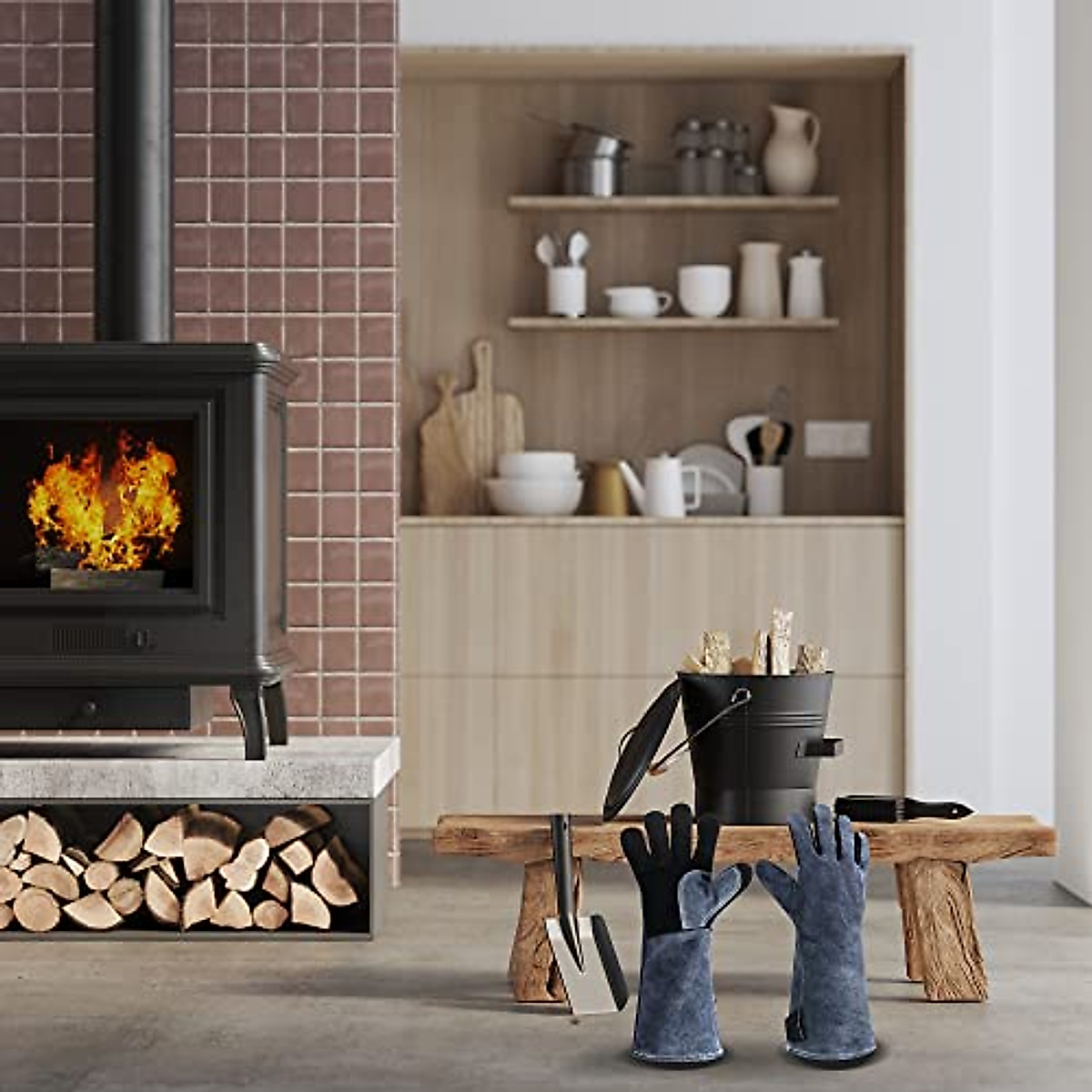 JWX Metal Ash Bucket and Shovel Set - 5.2 Gallon Galvanized Coal Bucket with Heat-Resistant Gloves and Reinforced Base -for Indoor and Outdoor & Use Upgrade Your Fire Pit Experience