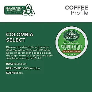 Green Mountain Coffee Roasters Colombia Select, Single-Serve Keurig K-Cup Pods, Medium Roast Coffee, 12 Count (Pack of 6) - Packaging May Vary