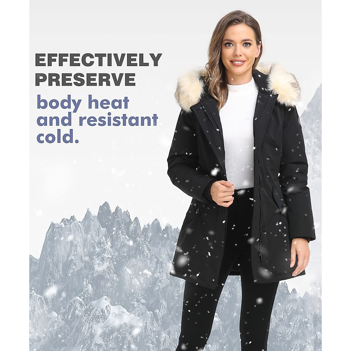 PUREMSX Down Coat for Women, Warm Winter Thick Faux Fur Hood Hiking Spring Outdoor Puffer Jacket Mother's Gift,Black,Large