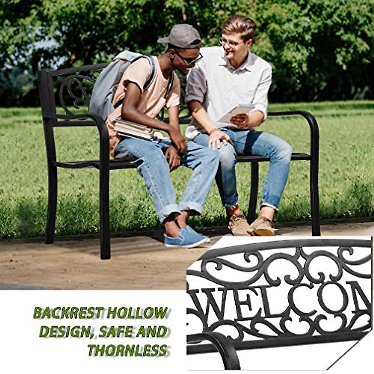 2 Person Outdoor Bench Metal Entryway Bench Garden Patio Bench with Warm Welcome Pattern Backrest and Elegant Flower Finish Porch Bench for Yard Lawn Work Entryway Deck Patio Furniture Bench Black