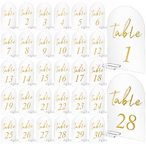 30 Sets Arch Acrylic Sign Gold Printed 1-30 Table Signs with Stands Calligraphy Clear Table Number Display Stand for Wedding Reception Event Party Restaurant Centerpieces Decor (4 x 6 Inch)
