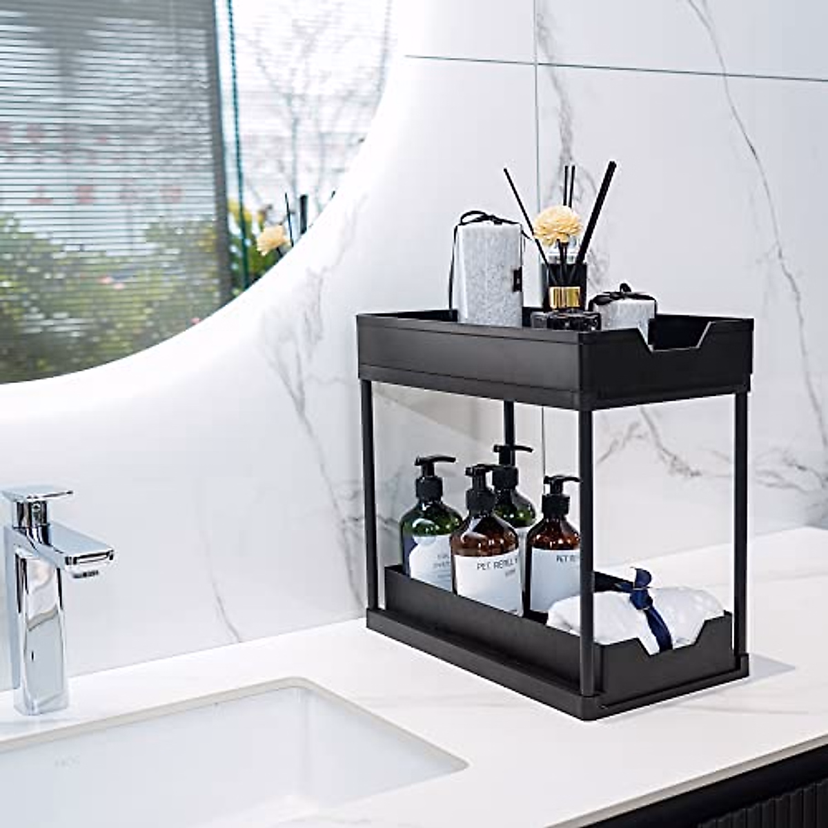 Under Sink Bathroom Cabinet Organizer, Double Sliding out Drawer Kitchen Organization, Multi-use For Vanity Counter Kitchen Storage with Hook, Black