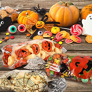 Boao 150 Pcs Halloween Cellophane Treat Bags Clear Plastic Candy Bags with 150 Twist Ties 11 Inch Pumpkin Spider Web Halloween Goodie Bags for for Snacks Cookies Gift Kids Halloween Party Favor