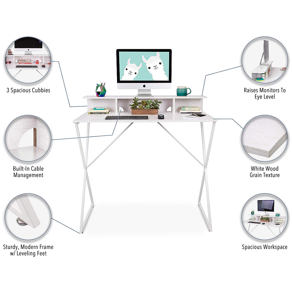 Stand Steady Joy Standing Desk | Pretty Standing Desk with Shelf & Built-in Storage Cubbies | Modern Stand Up Workstation | Tall Desk & Reception Table for Home, Dorm & Office (White / 48in x 42in)