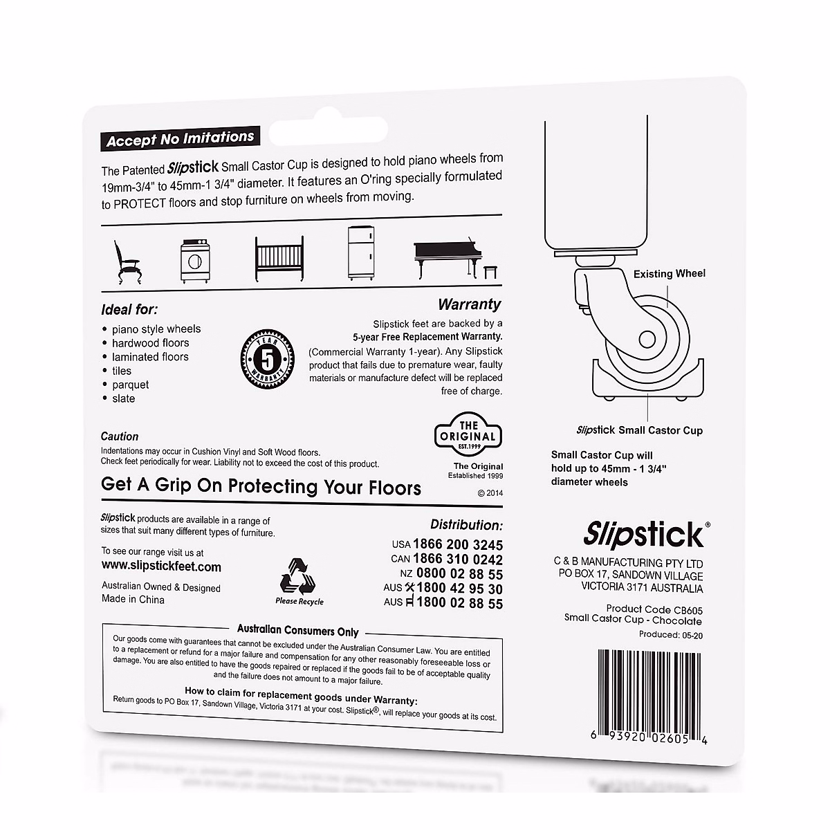 Slipstick CB605 Small Furniture Wheel Caster Cups/Floor Protectors with Non Skid Rubber Grip (Set of 4 Gripper Cups) 2 Inch Round - Chocolate Brown