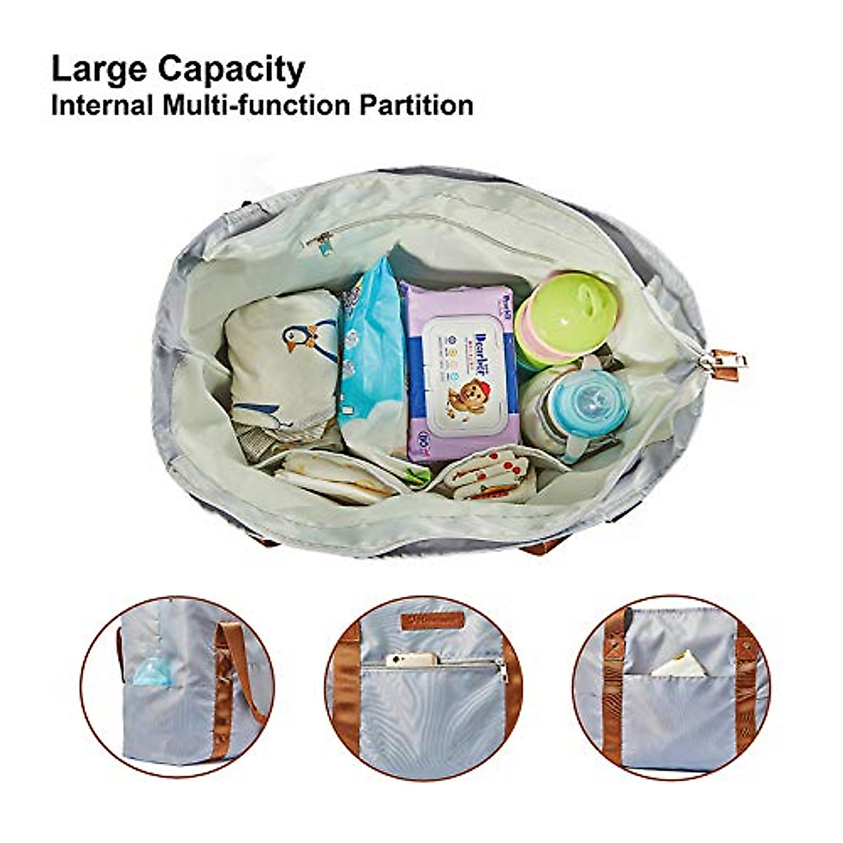 Baby Large Diaper Bag, Maternity Nappy Tote Bags for Mom Organizer Multi-Function Travel Shoulder Bag Waterproof with Stroller Straps, Nappy Changing Pad, Insulated Pockets Grey
