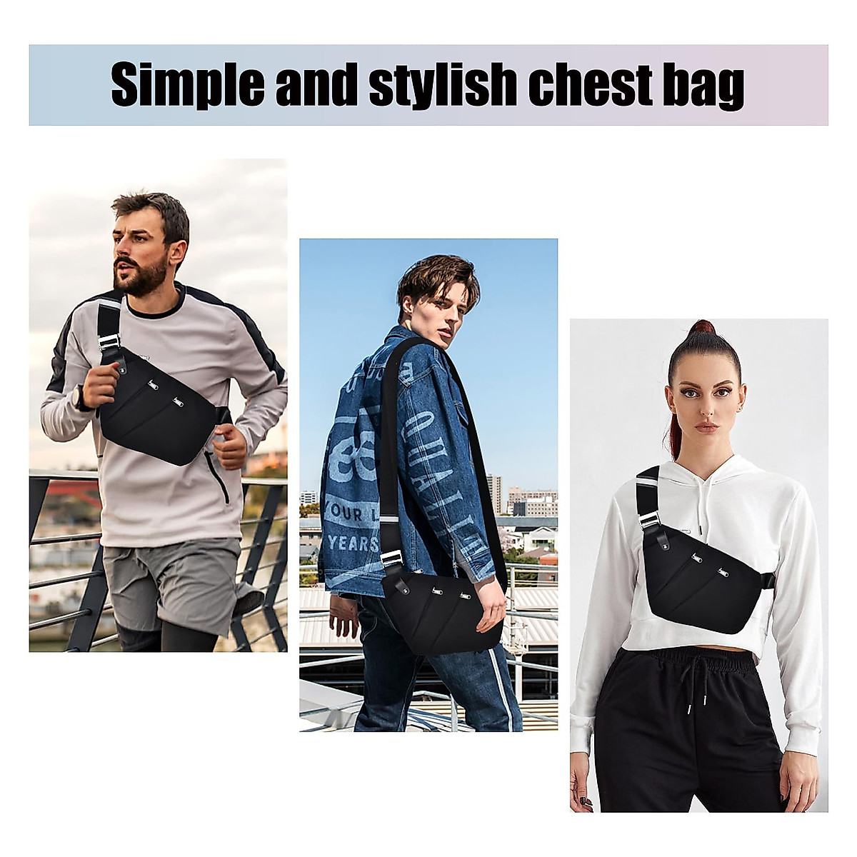 Fibrdoo Multi-pocket Chest Bag, Anti-Theft Shoulder Bag, Waterproof Sling Crossbody Bag, for Men/Women Outdoor Bicycle Hiking Jogging, Black