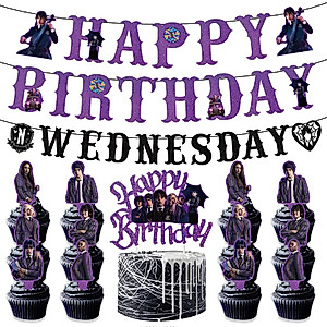 32Pcs Wednesday Party Supplies Addams Sparkling Cake Topper Cupcake Decoration Balloons Banner Backdrop For Birthday